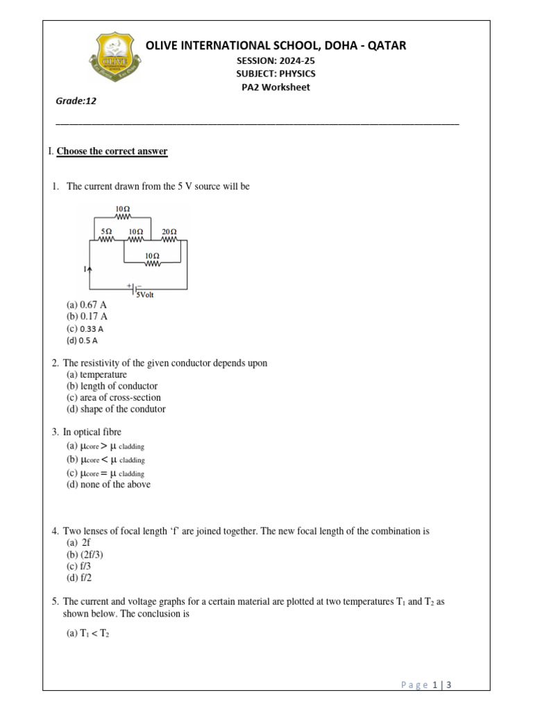 Grade 12 Physics Worksheet | PDF | Refraction | Refractive Index