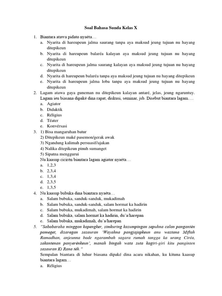 LATIHAN SOAL (PRA PAT) BASA SUNDA KELAS X | PDF