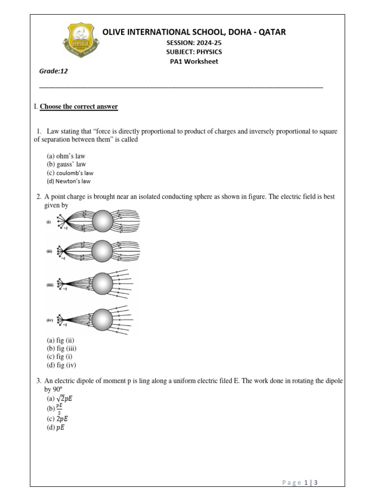 Class 12 Physics PA 1 Worksheet | PDF | Capacitance | Capacitor