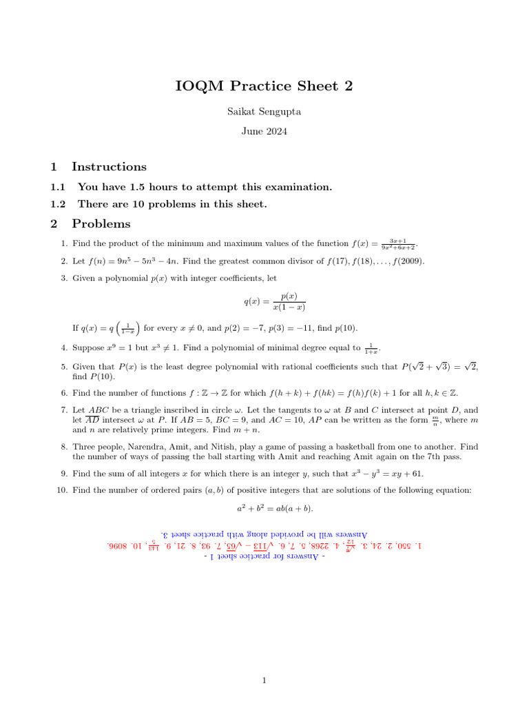 IOQM Mock Test 1 | PDF | Square Root | Polynomial