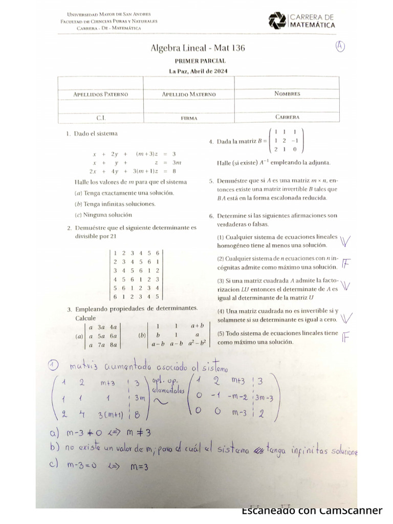 Álgebra Lineal Primer Examen | PDF