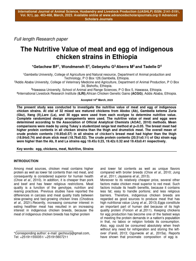 The Nutritive Value of Meat and Egg of Indigenous Chicken Strains in ...