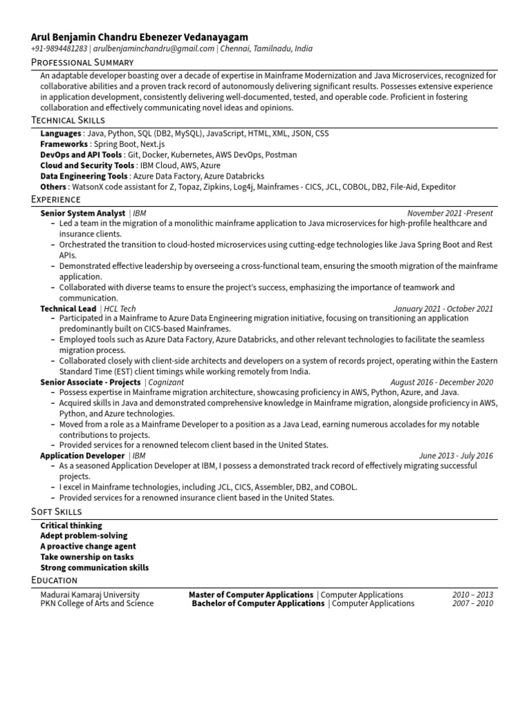 Arul Benjamin Chandru CV - 1718079443308 - Arul Benjamin Chandru E | PDF | Ibm Db2 | Information ...