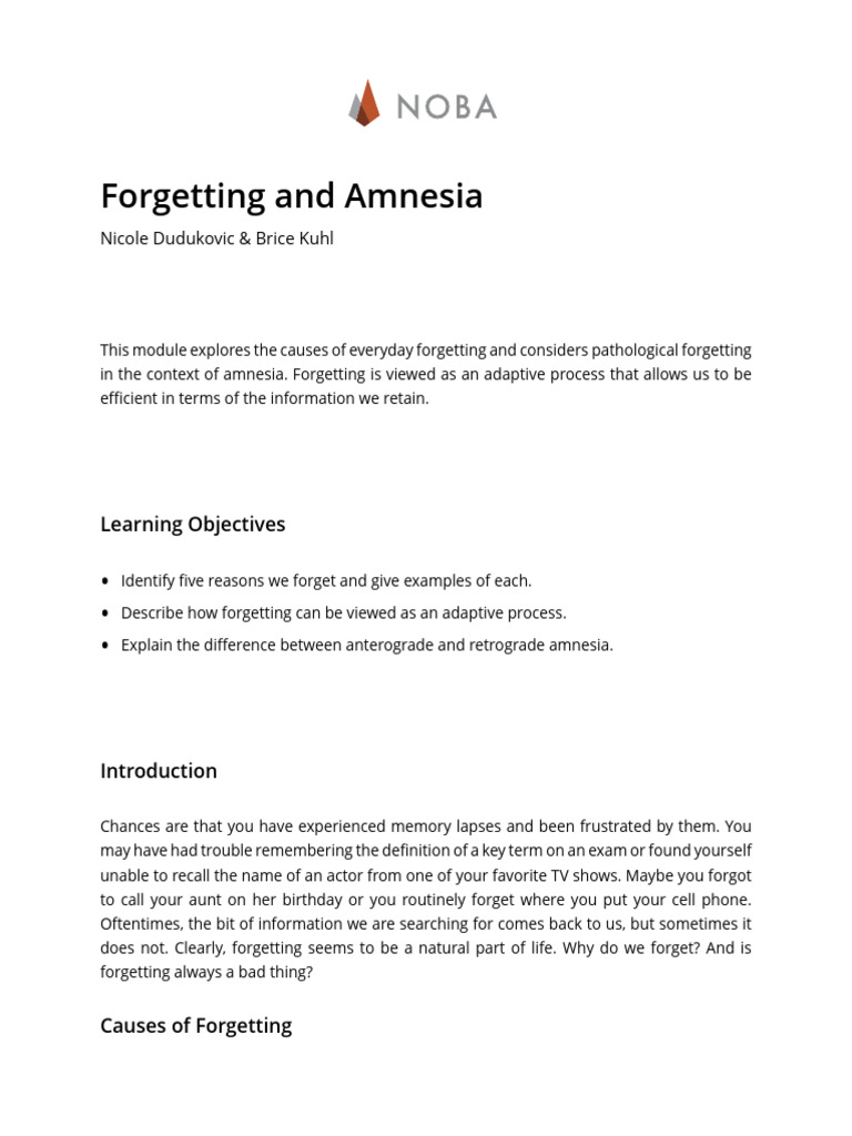 Forgetting and Amnesia | PDF | Amnesia | Memory
