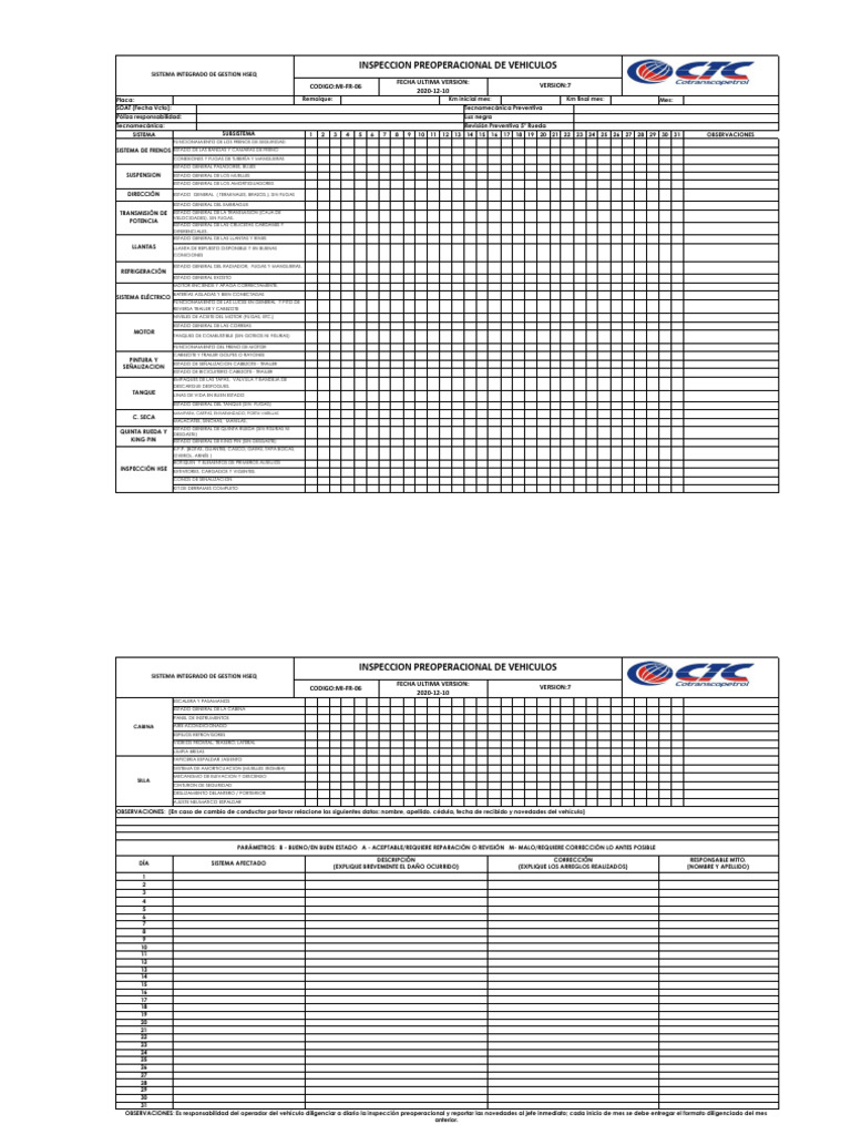 Mi-Fr-06 Inspeccion Preoperacional de Veh V7 PDF | PDF | Vehículos | Industria automotriz