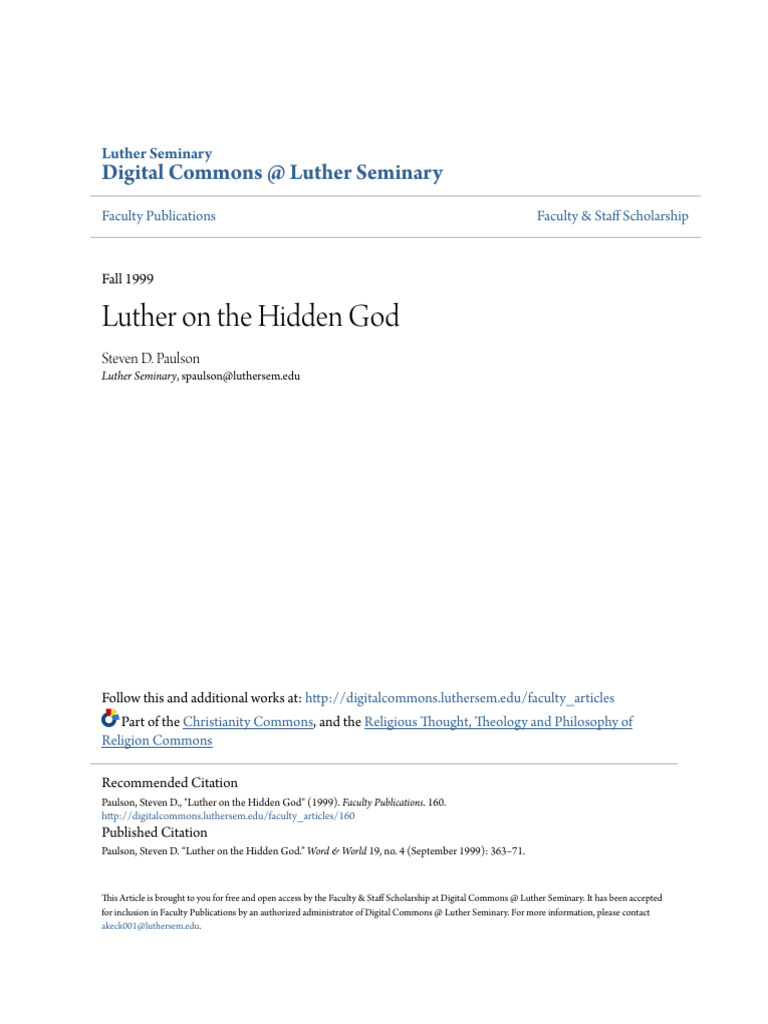 Luther On The Hidden God | PDF | God | Martin Luther