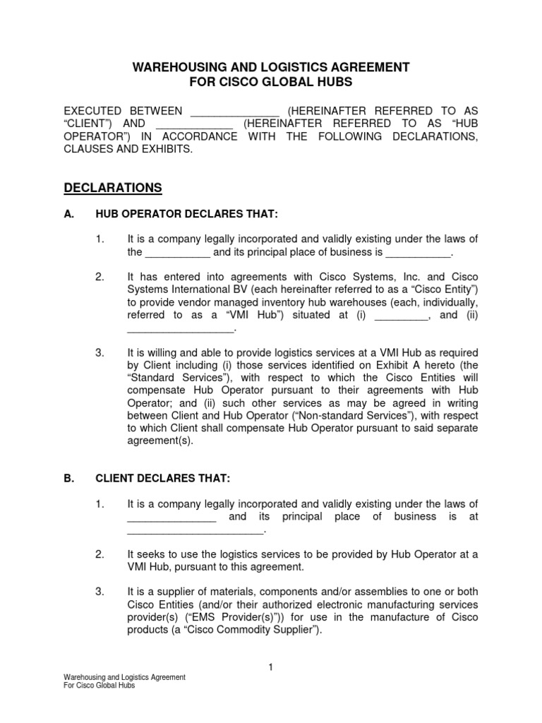 Cisco Warehousing and Logistics Agreement | PDF | Indemnity | Warehouse
