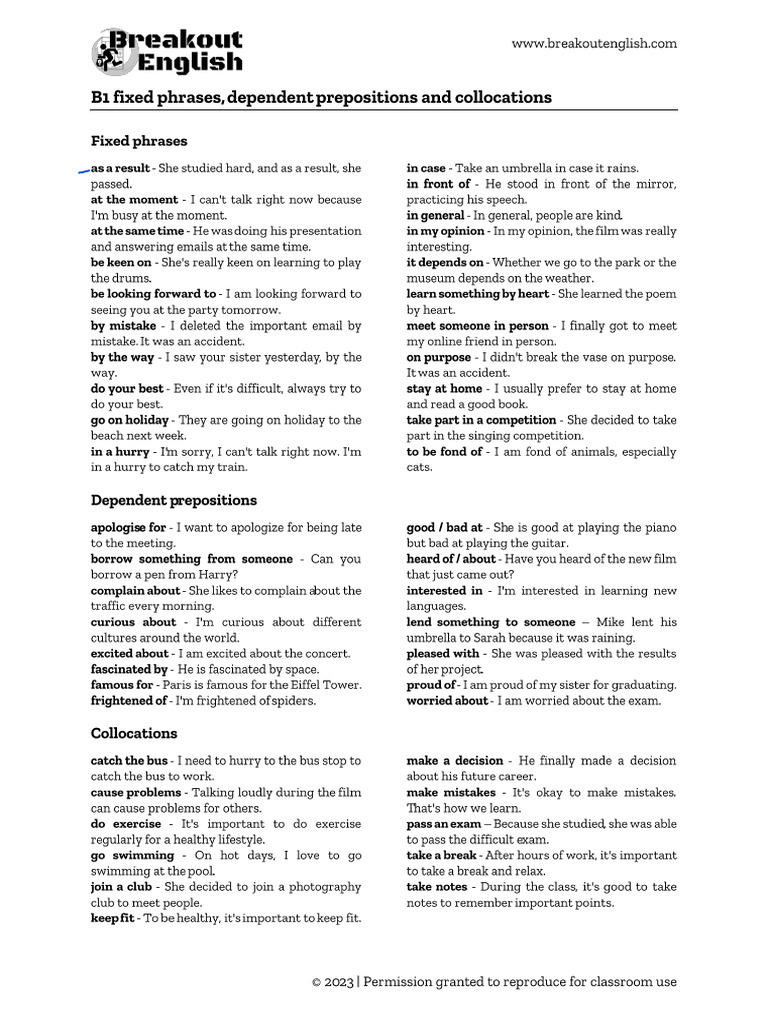 B1 Fixed Phrases Dependent Prepositions and Collocations List | PDF