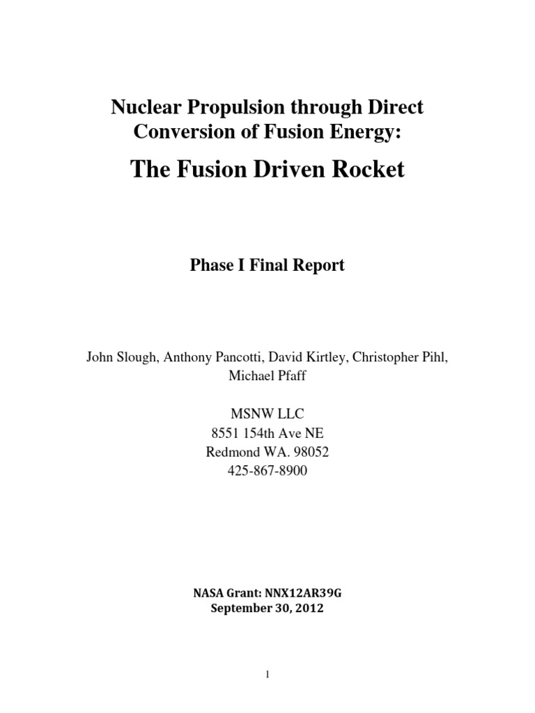 NASA - Nuclear Propulsion Through Direct Conversion of Fusion Energy - 2012 | PDF | Nuclear ...