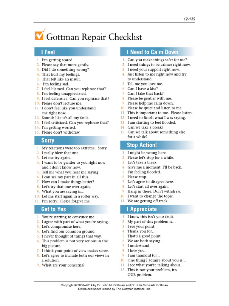 Gottman Repair Checklist | PDF | Wellness