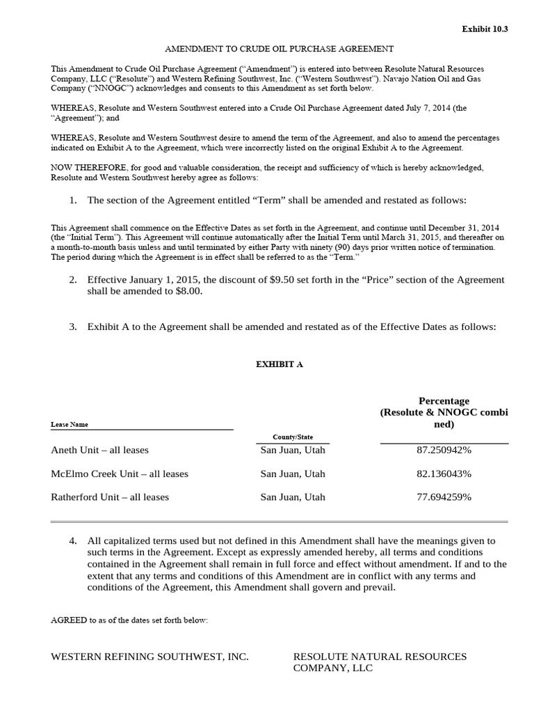 Law - Insider - Resolute Energy Corp - Amendment To Crude Oil Purchase ...