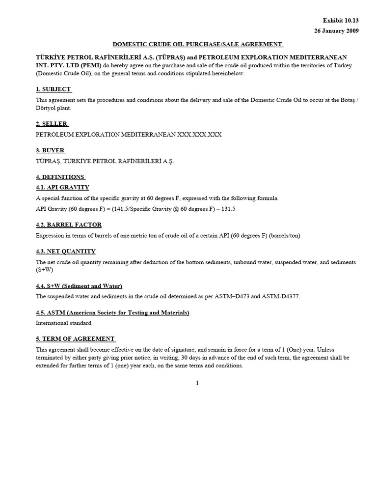 Domestic Crude Oil Sale Agreement | PDF | Petroleum | Barrel (Unit)