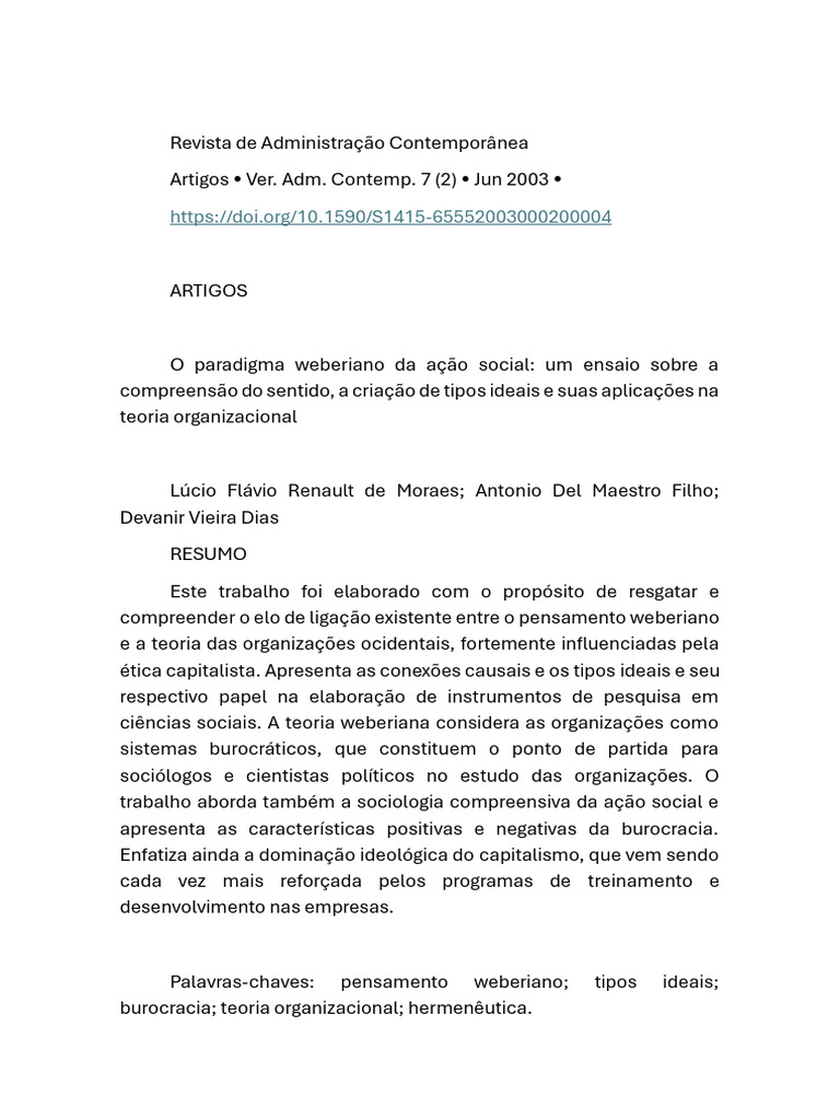O Paradigma Weberiano Da Ação Social: Um Ensaio Sobre A Compreensão Do ...