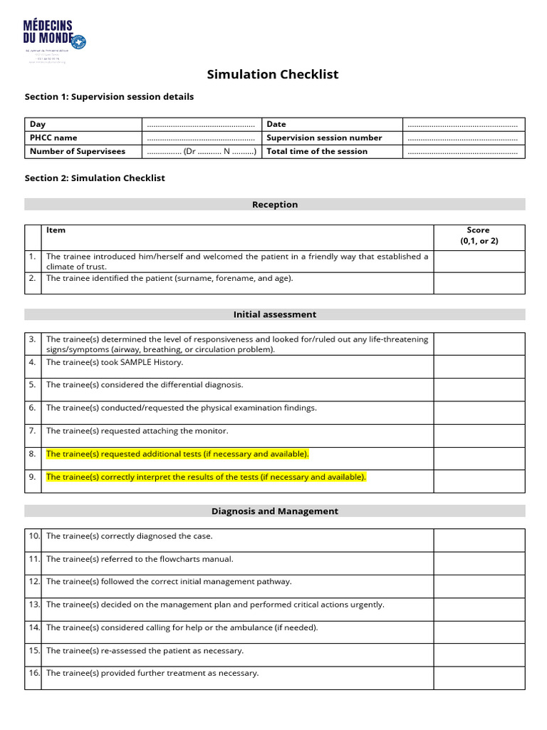 Simulation Checklist | PDF | Medical Diagnosis | Patient
