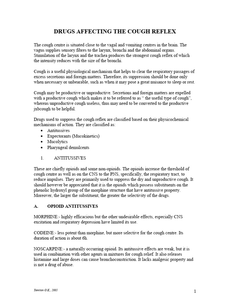 Lecture-Drugs Affecting The Cough Reflex | PDF | Opioid | Cough