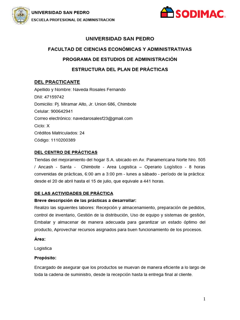 EJEMPLO DE PLAN DE PRACTICAS Y DOCUMENTOS OFICIALES PARA PRACTICAS PRE PROFESIONALES E23 | PDF ...
