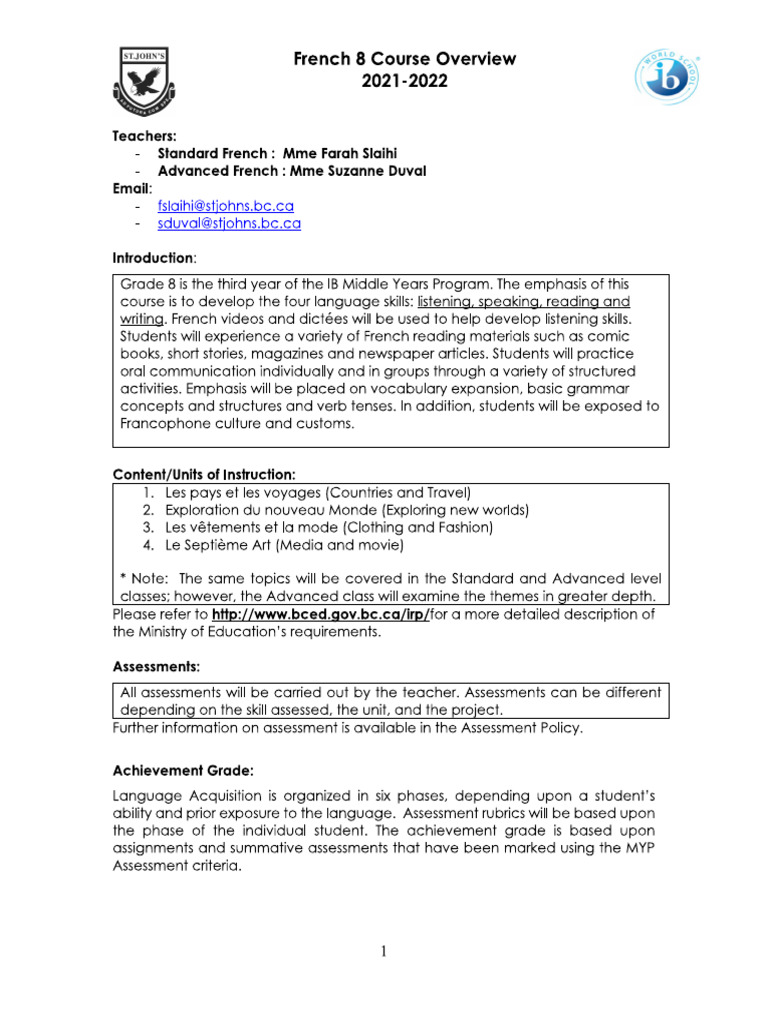 French 8 Course Overview 2021 - 2022 - Duval - Slaihi | PDF