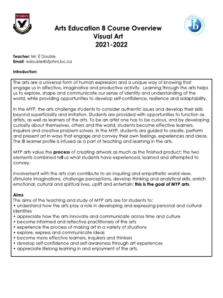 Visual Arts 8 Overview 2021-2022 - Double | PDF