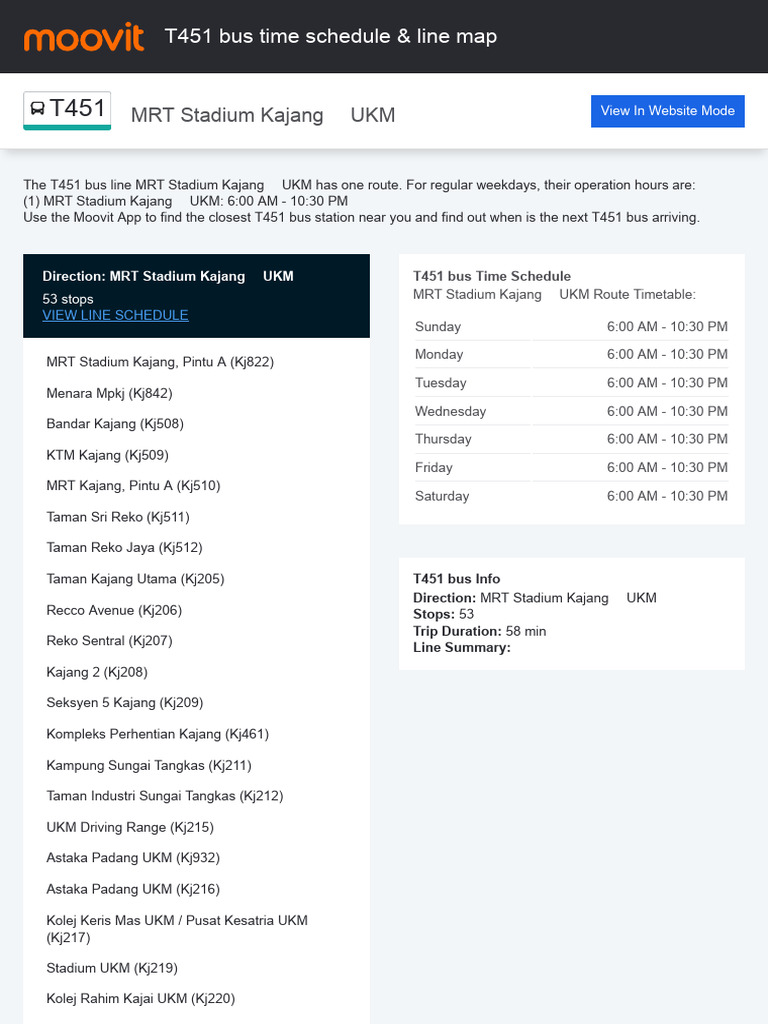 MRT Stadium Kajang UKM: T451 Bus Time Schedule & Line Map | PDF ...