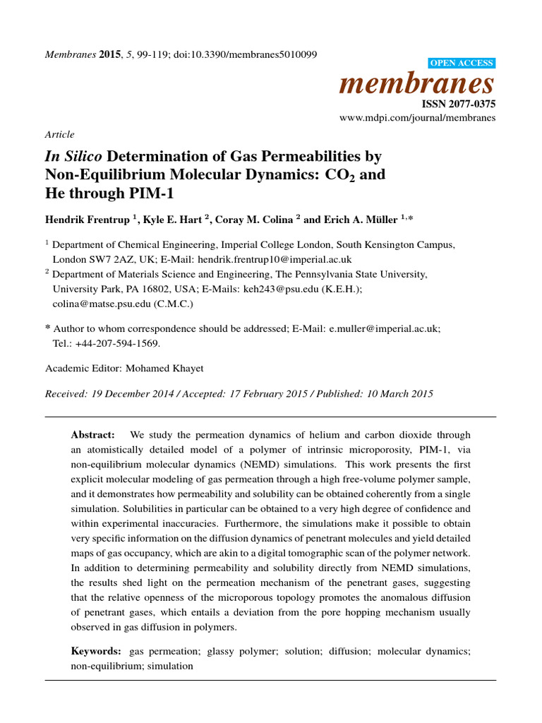 membranes-05-00099 | PDF | Diffusion | Force Field (Chemistry)
