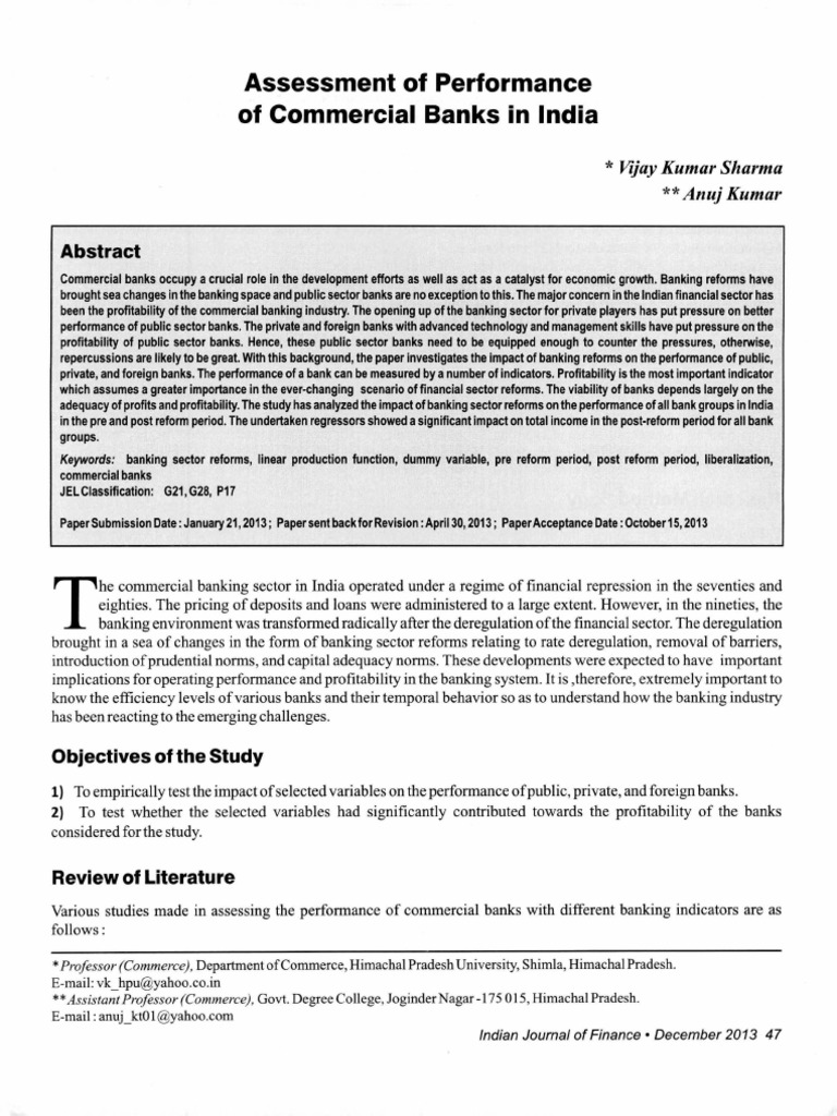 Assessment of Performance of Commercial Banks in India | PDF | Banks ...