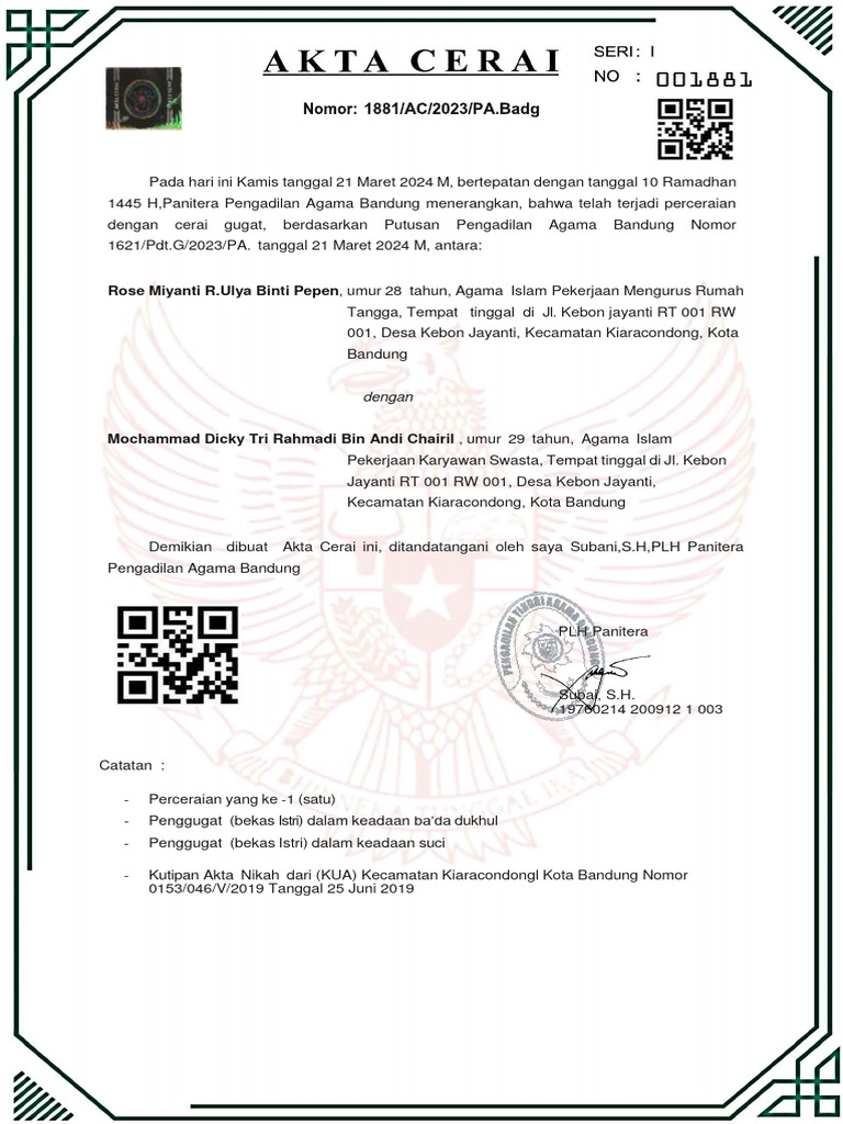 Akta Cerai Rose Gugat | PDF