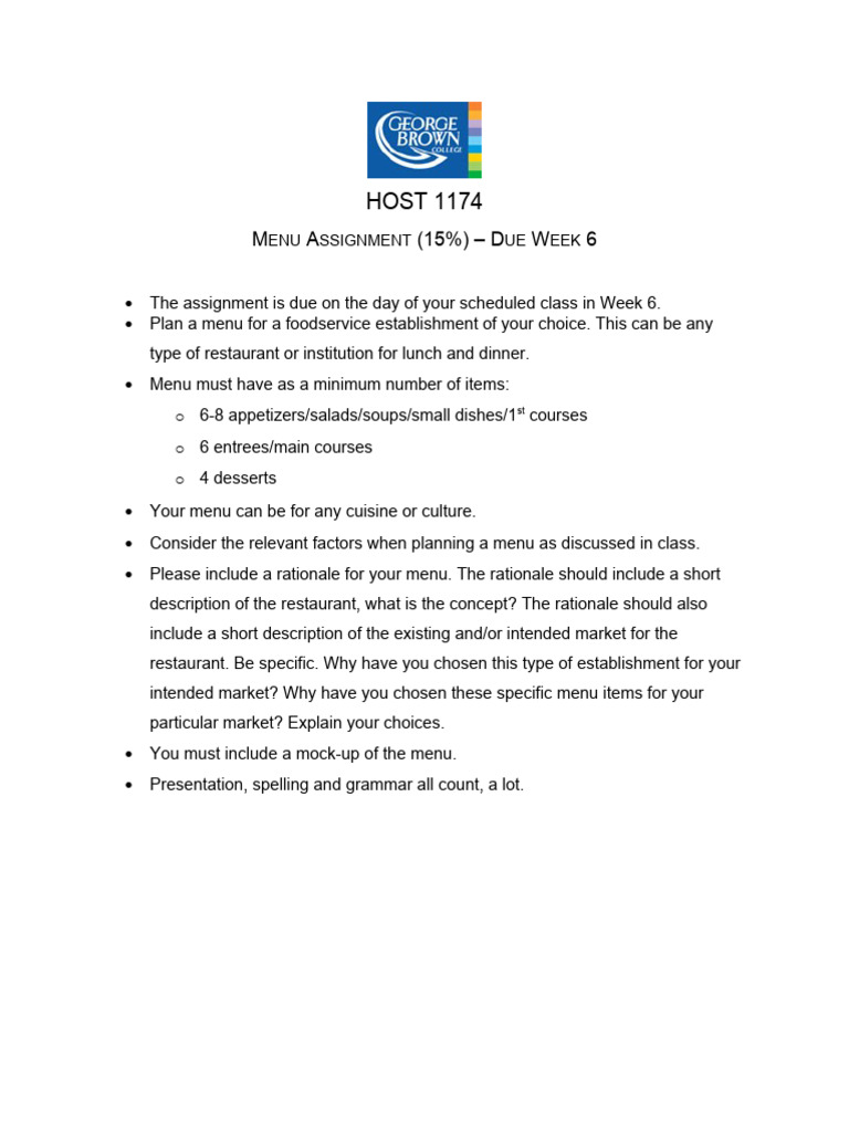 Menu Planning Assignment Guidelines | PDF