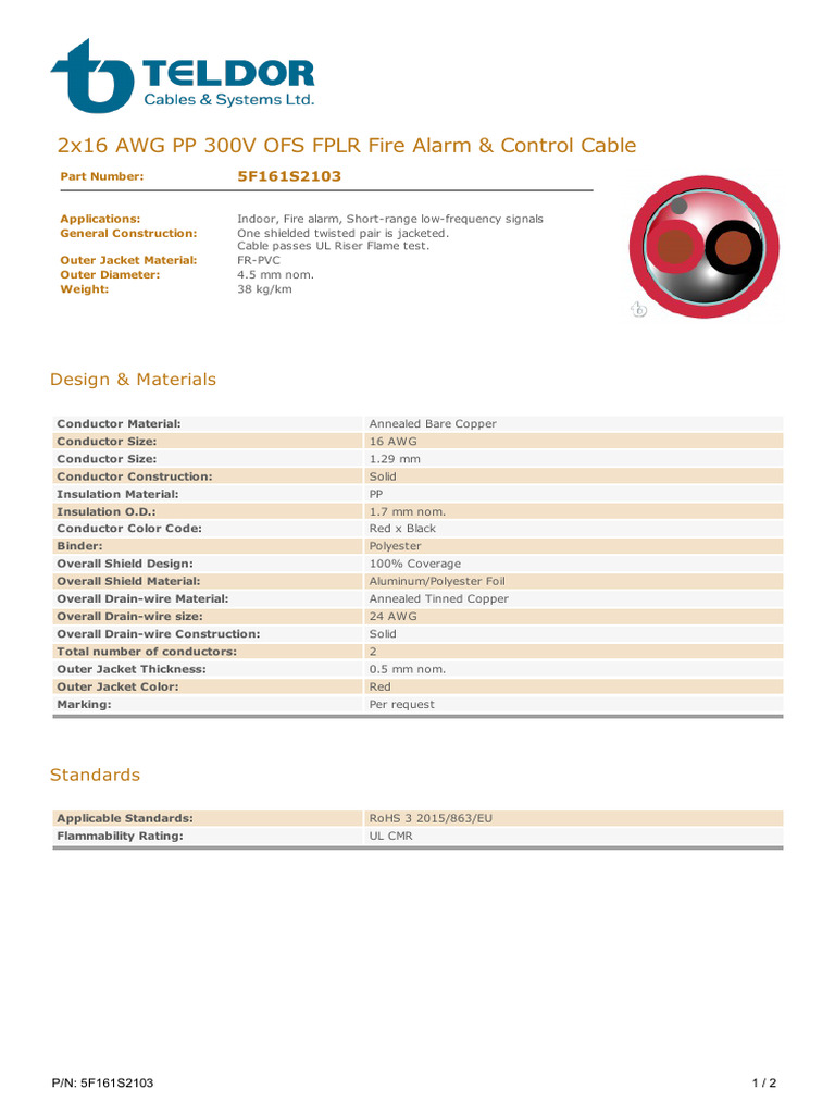 Teldor 2x16 AWG Fire Alarm Cable | PDF | Electrical Conductor ...