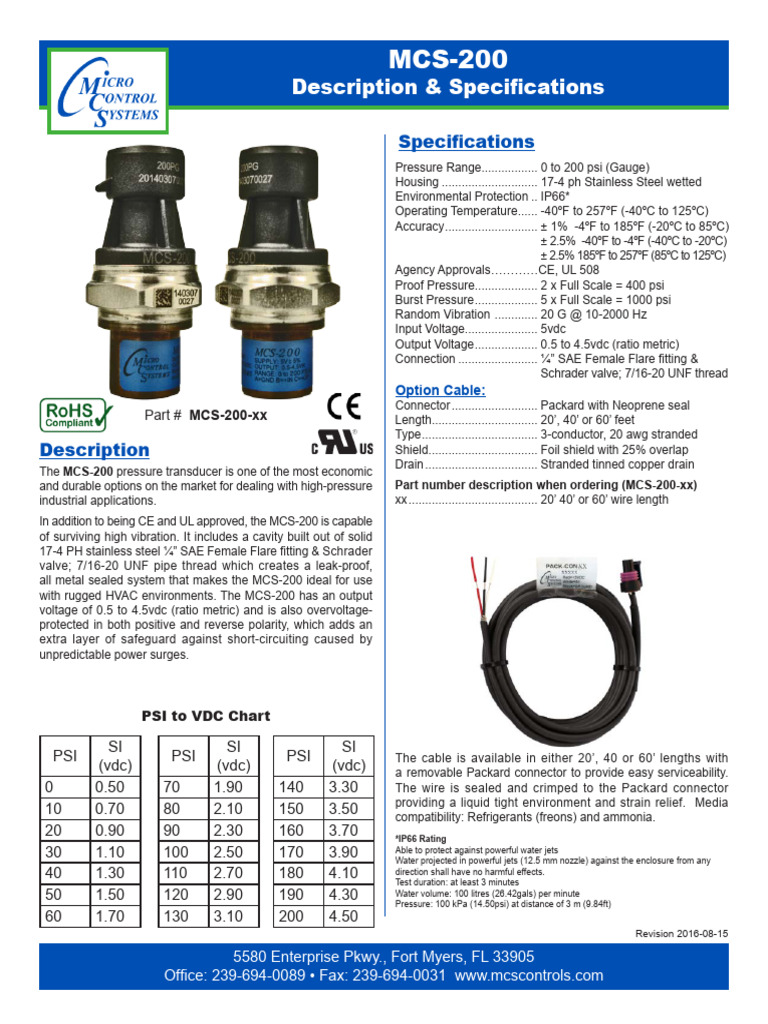 MCS-200 Spec Sheet | Download Free PDF | Manufactured Goods