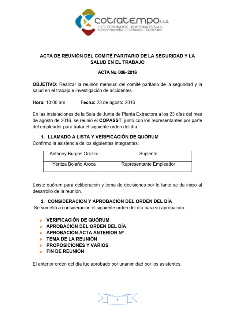 Acta 006 - 2016 Reunion Copasst | PDF | Agua | Vapor