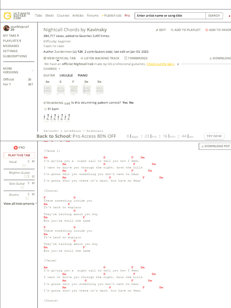 NIGHTCALL CHORDS by Kavinsky For Guitar, Ukulele, Piano at Ultimate ...