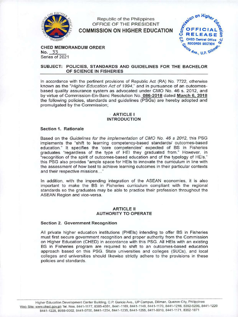 BSF New CMO 33. Series of 2021 | PDF | Aquaculture | Fishery