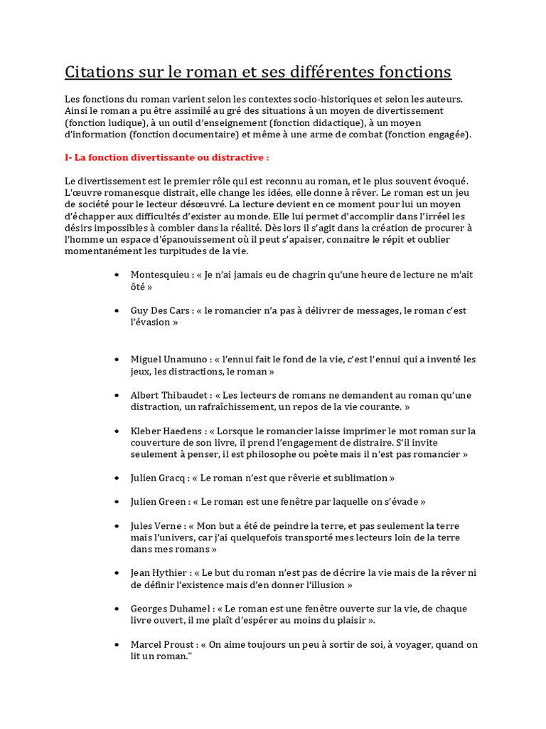Fonctions du roman et citations clés | PDF | Romans | Albert Camus