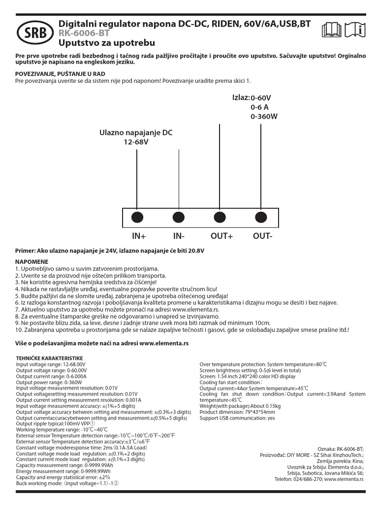 RK-6006-BT: Digitalni Regulator Napona DC-DC, RIDEN, 60V/6A, USB, BT ...