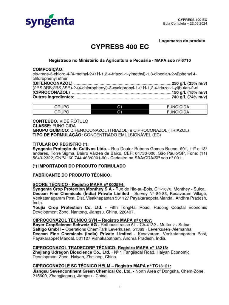 Bula do Fungicida Cypress 400 EC | PDF | Fungicida | Fungo