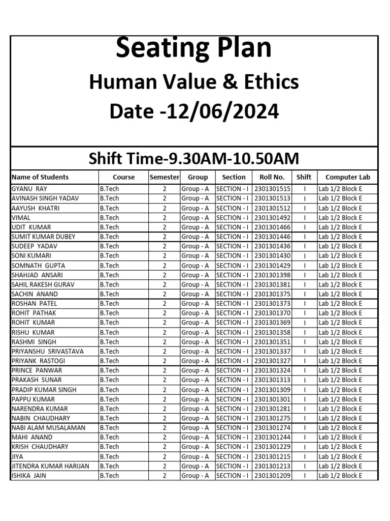 B.Tech Student Lab Seating Plan | PDF | Technology & Engineering