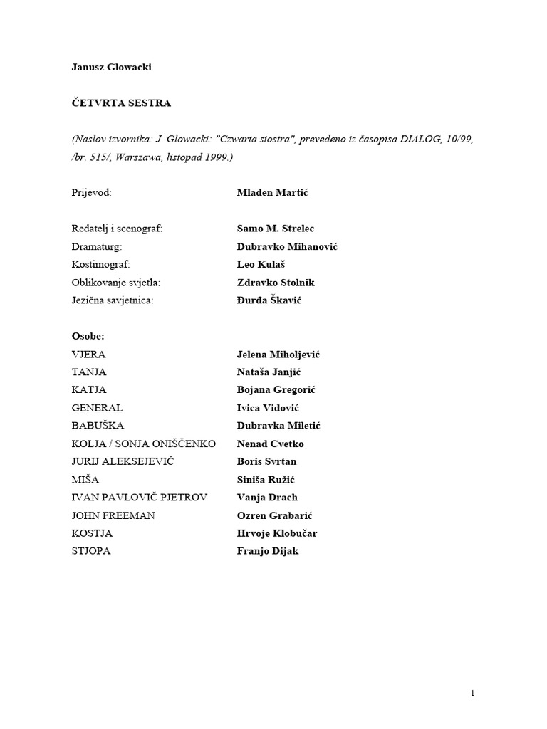 Glowacki, Cetvrta Sestra Sa Strihovima I Jezicnim Izmjenama | PDF