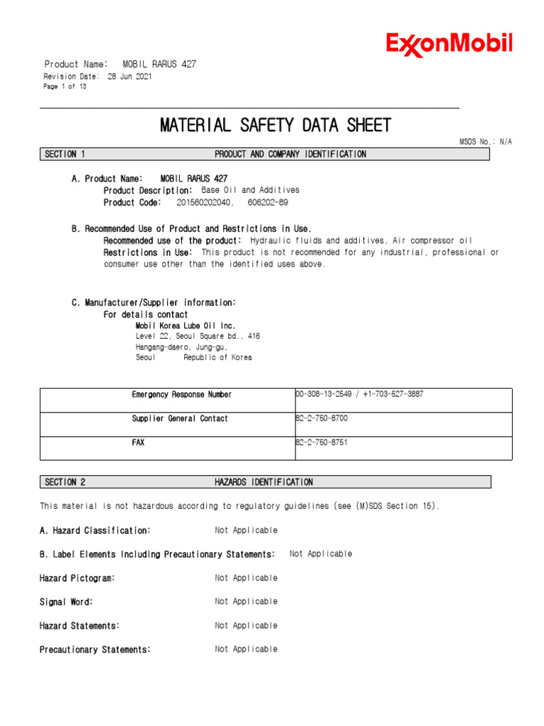 MSDS Mobil Ratus 427 | PDF | Personal Protective Equipment | Water