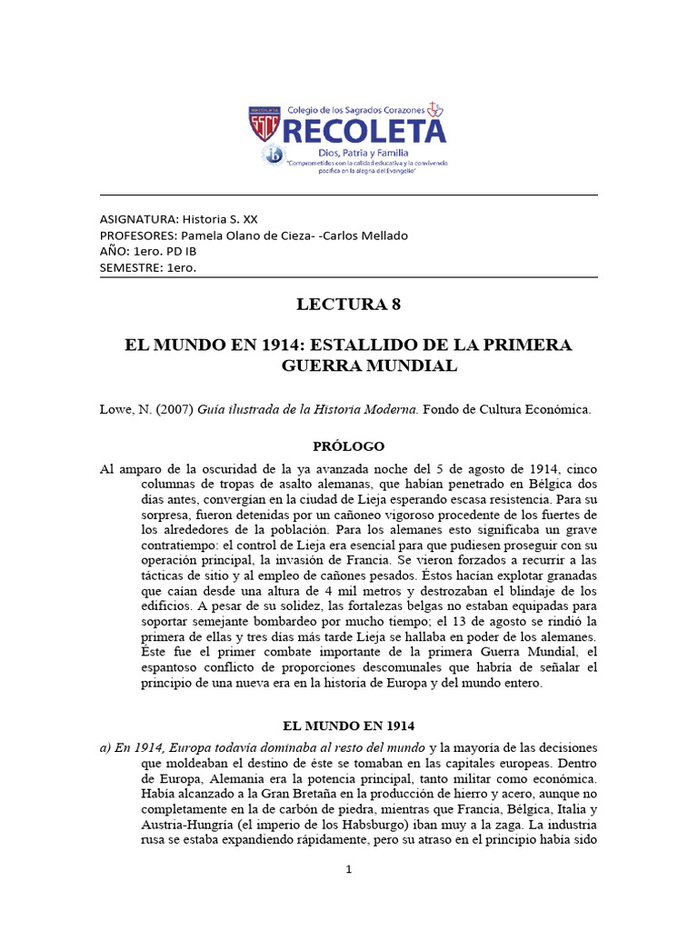Lectura 8 El Mundo en 1914 Estallido de La Primera Guerra Mundial | PDF ...
