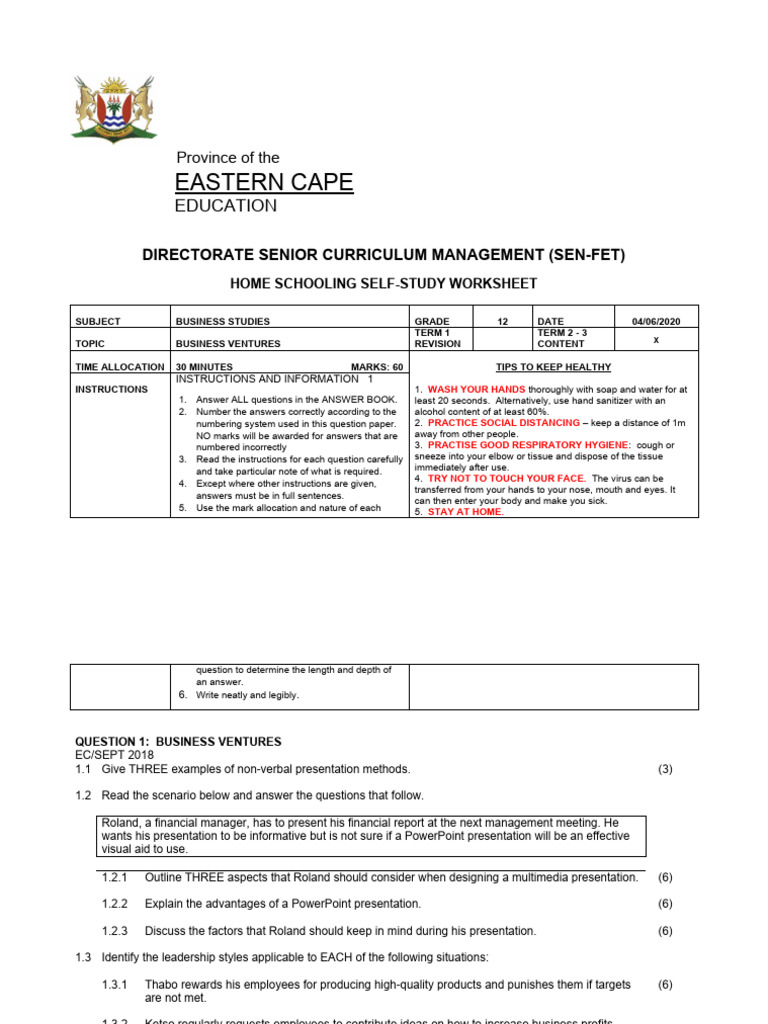 E Business Studies GR 12 Work Sheet 4 6 20 | Download Free PDF | Leadership