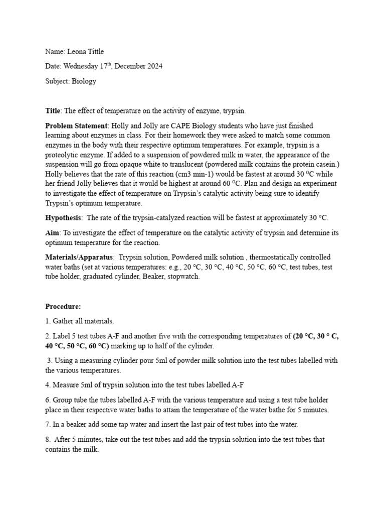 Biology PND Lab. Leona Tittle | Download Free PDF | Trypsin | Experiment