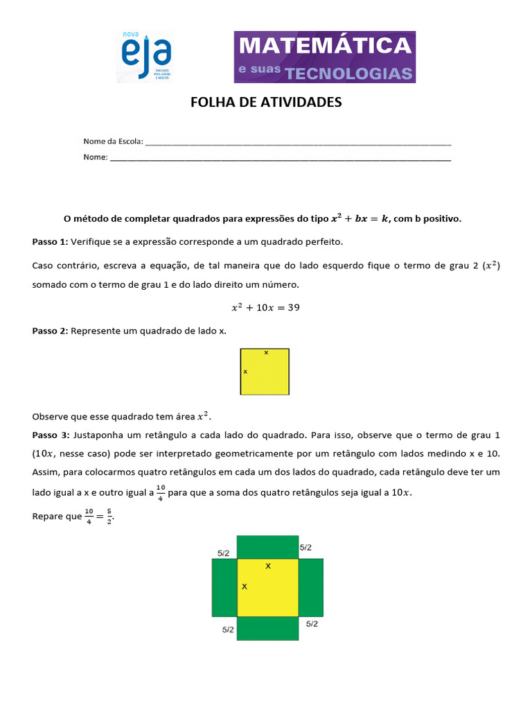 Atividade Completando Quadrados Combinando Metodos Geometricos e ...