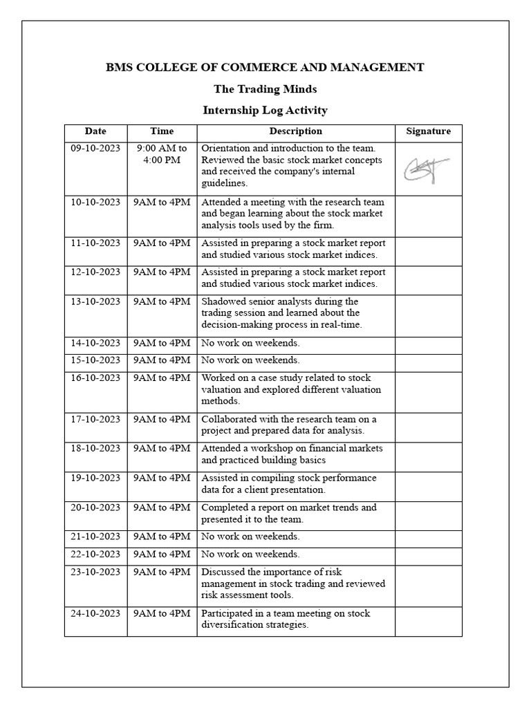 Stock Market Analyst Internship Logbook | PDF | Workweek And Weekend ...