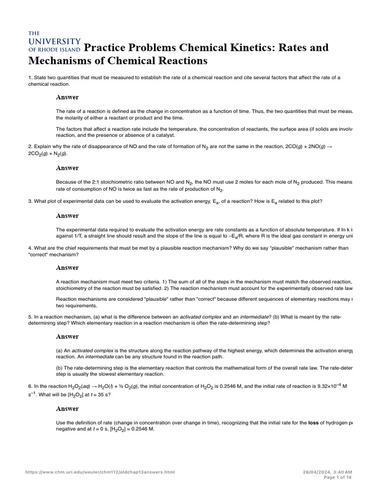 CHM 112 Kinetics Practice Problems Answers | PDF | Reaction Rate | Chemical Kinetics