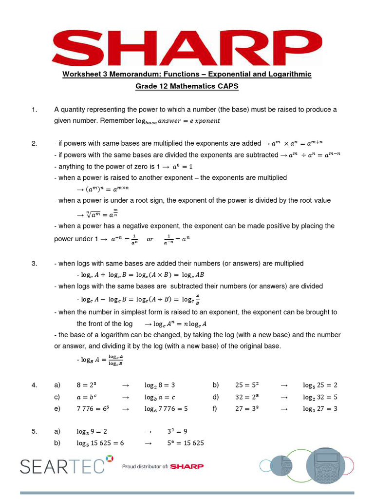 Logarithmic Functions Worksheet Grade 12 | PDF | Exponentiation | Logarithm