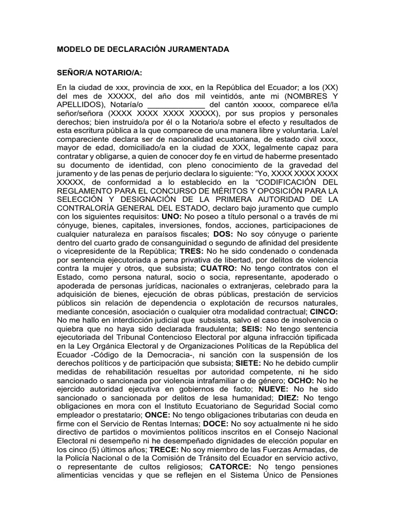Modelo de Declaracion Juramentada CGE | PDF | Ecuador | Gobierno