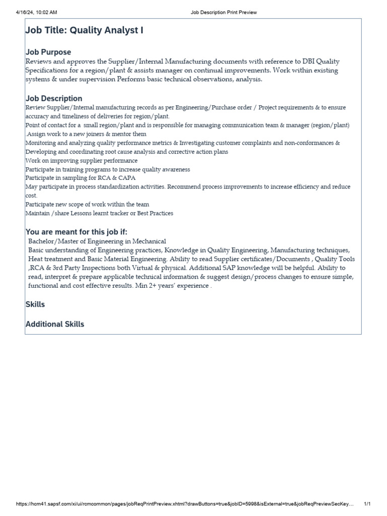 Job Description - Quality Analyst I-2d | PDF
