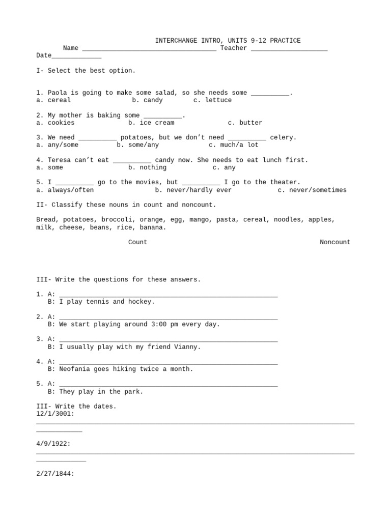 Interchange Intro Units 9 12 | PDF | Linguistics | Foods