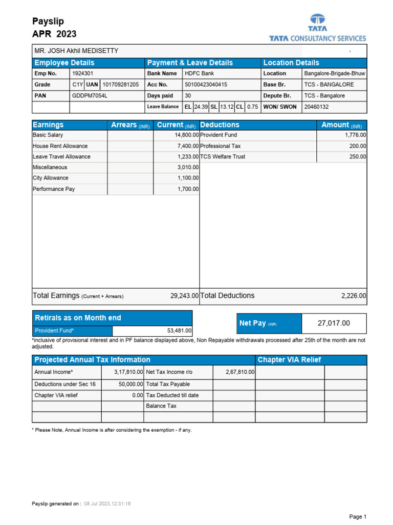 APR - 23 - Pay Slip | PDF | Paycheck | Taxes