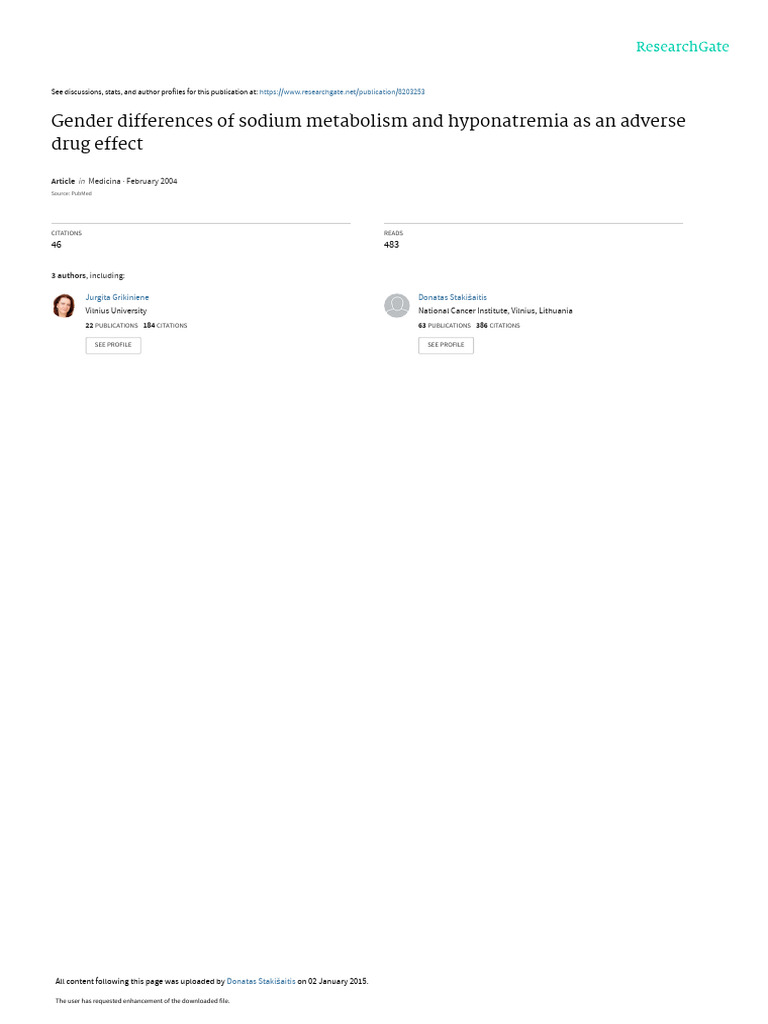 Gender Differences of Sodium Metabolism and Hypona | PDF